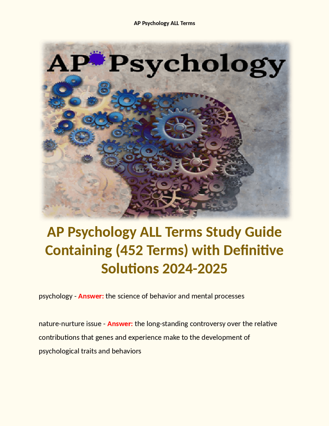 AP Psychology ALL Terms Study Guide Containing (452 Terms) with ...