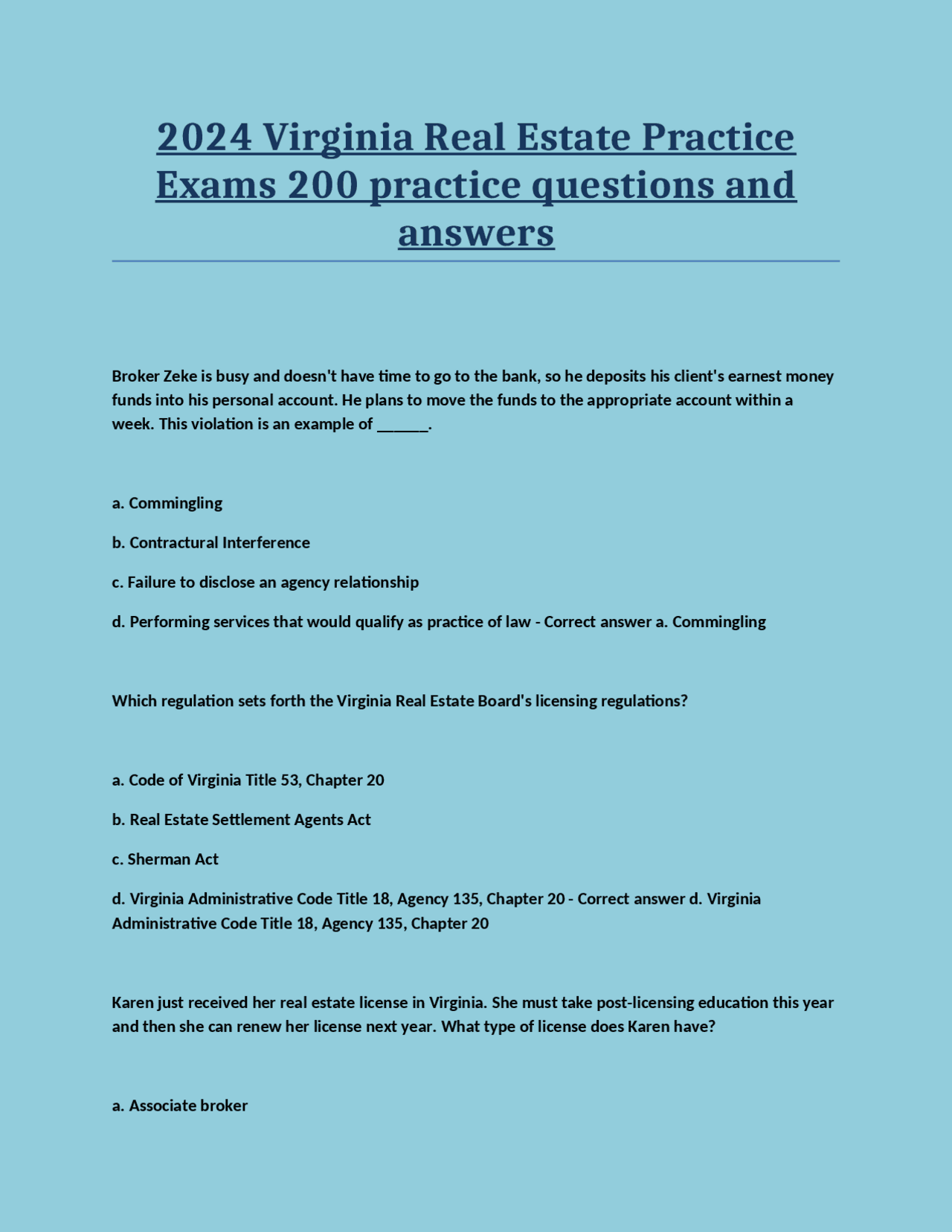 2024 Virginia Real Estate Practice Exams 200 practice questions and ...