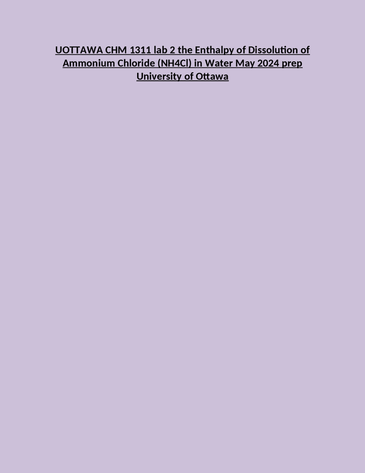 UOTTAWA CHM 1311 lab 2 the Enthalpy of Dissolution of Ammonium Chloride ...