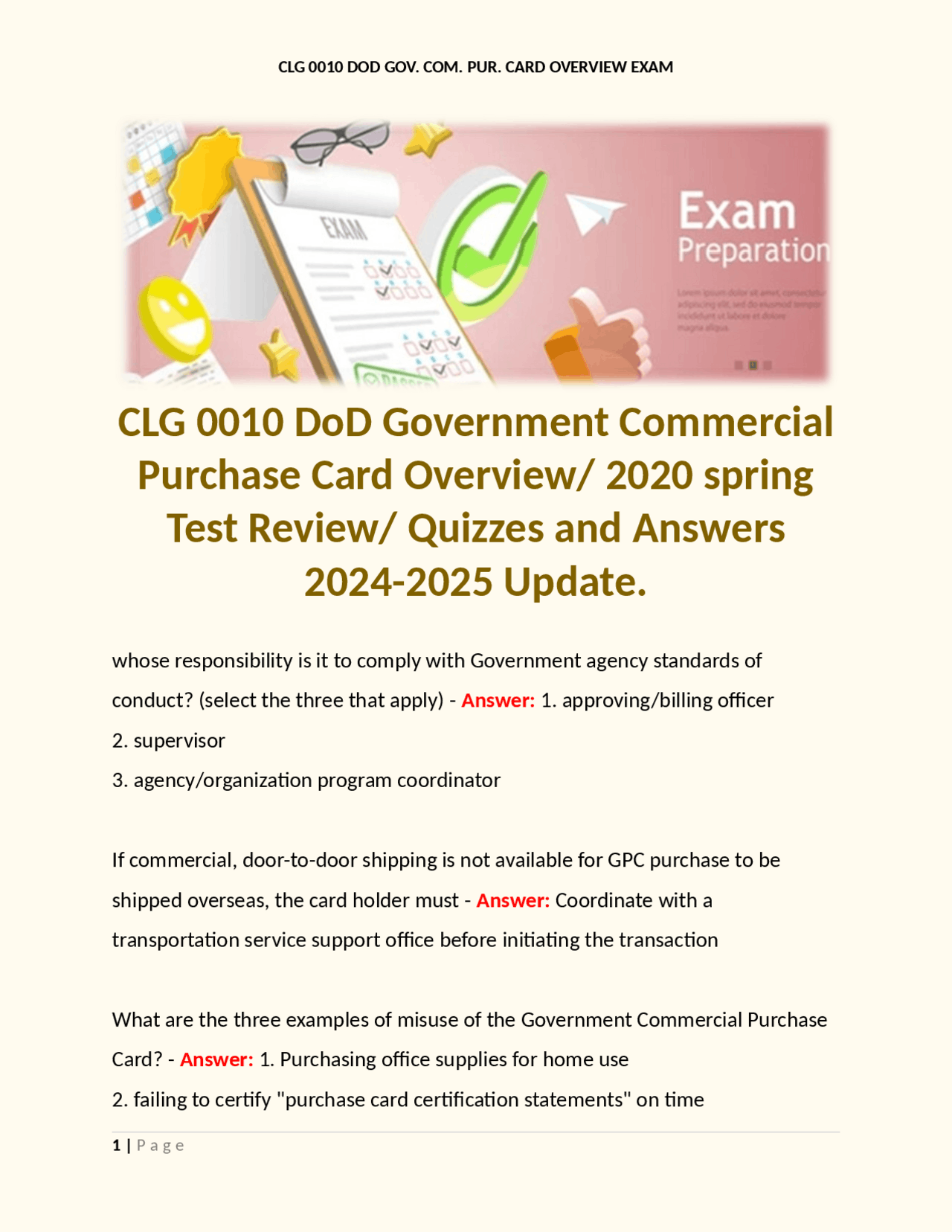DoD Government Commercial Purchase Card Overview Exam | Exams Civil Law ...