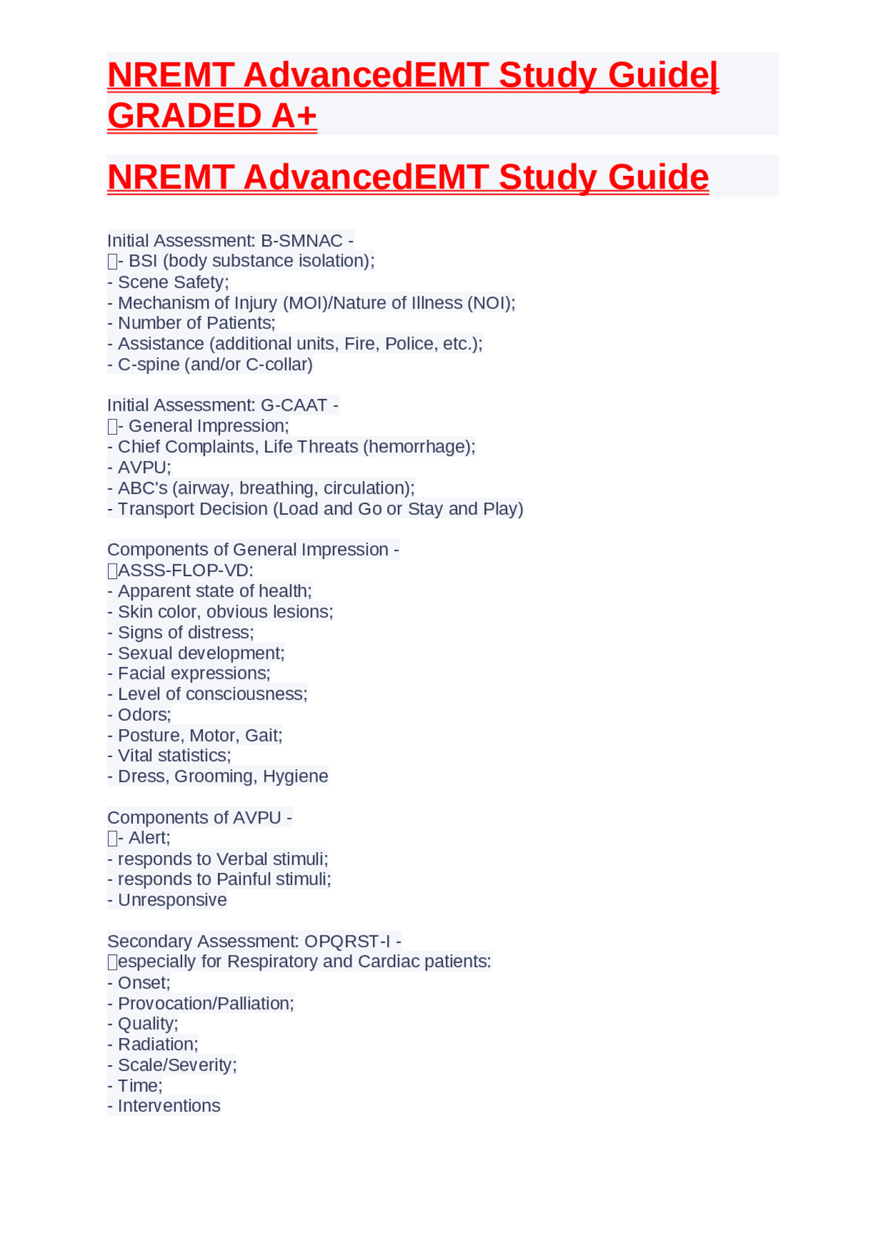 NREMT Advanced EMT Study Guide.docx | Exams Nursing | Docsity