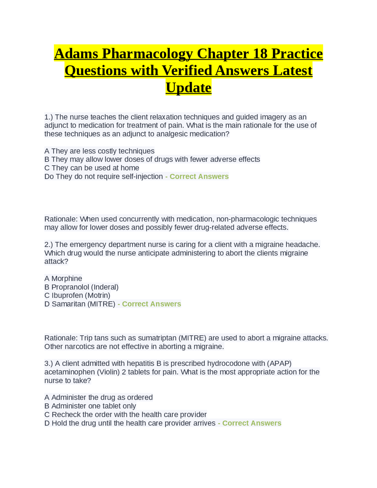 Adams Pharmacology Chapter 18 Practice Questions with Verified Answers ...