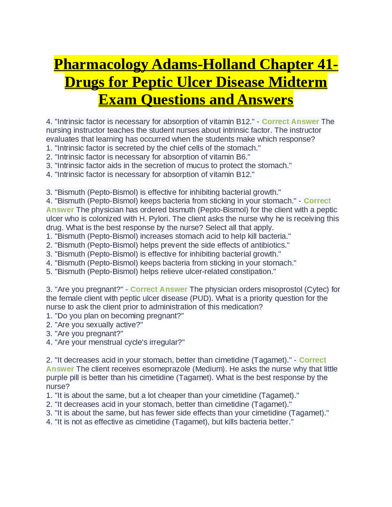 Pharmacology Adams-Holland Chapter 41- Drugs for Peptic Ulcer Disease ...