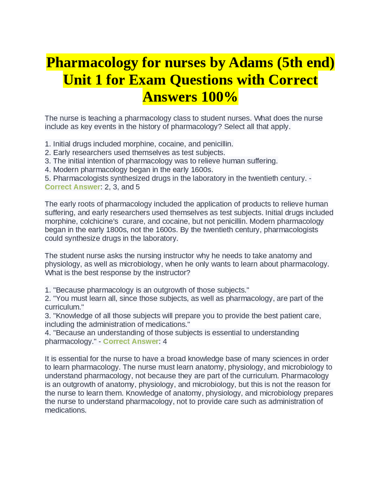 Pharmacology for nurses by Adams (5th end) Unit 1 for Exam Questions ...