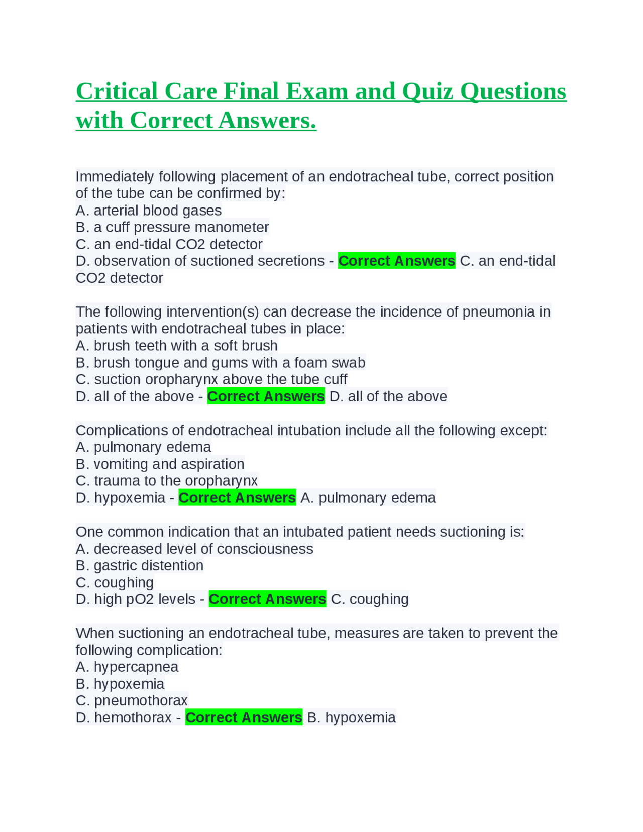 Critical Care Final Exam and Quiz Questions with Correct Answers ...