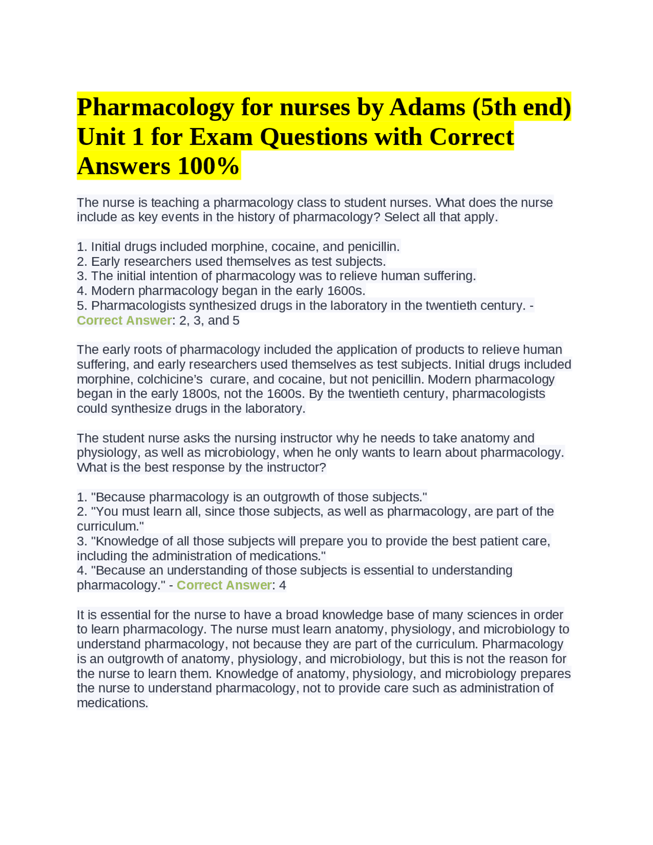 Pharmacology for nurses by Adams (5th end) Unit 1 for Exam Questions ...