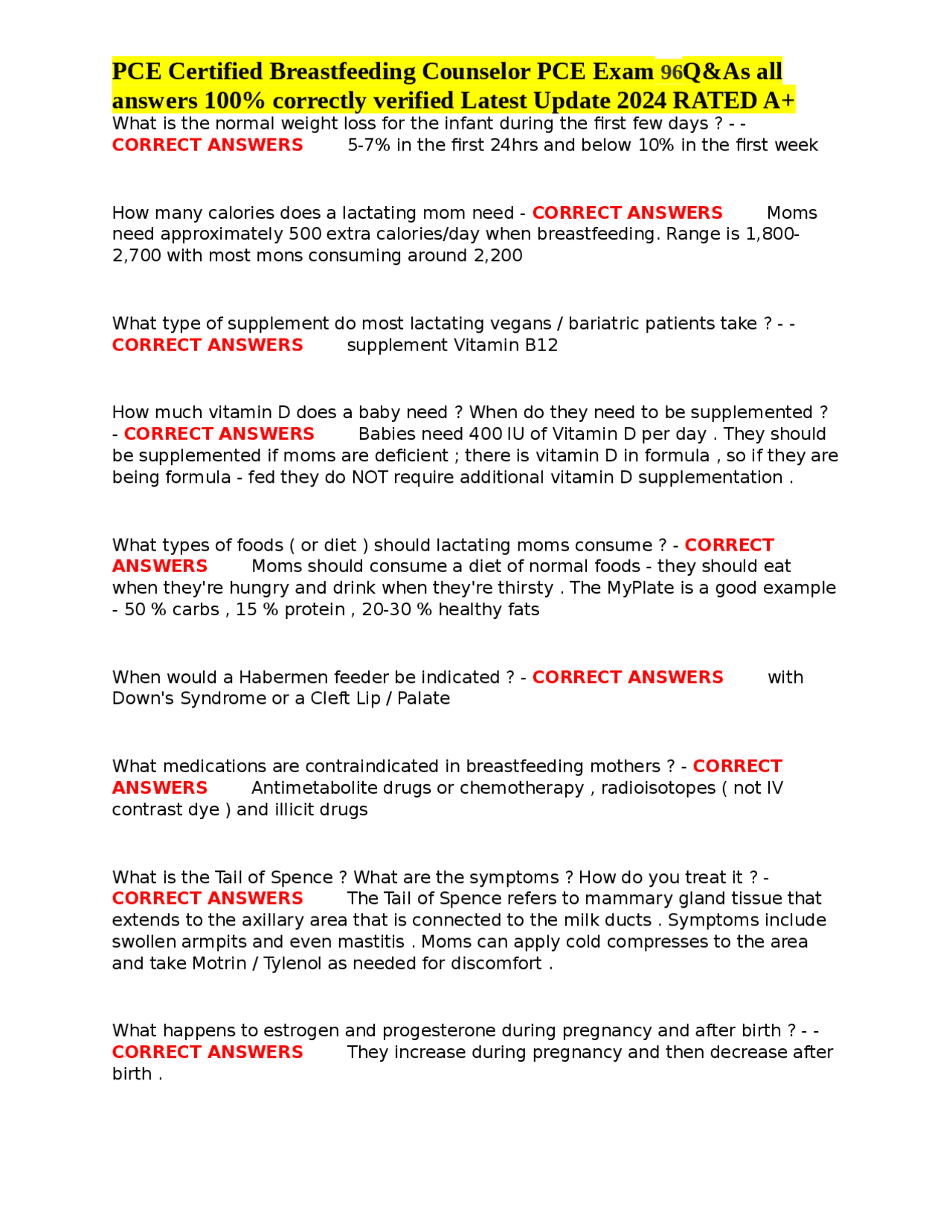 PCE Certified Breastfeeding Counselor PCE Exam 96Q&As all answers 100% ...