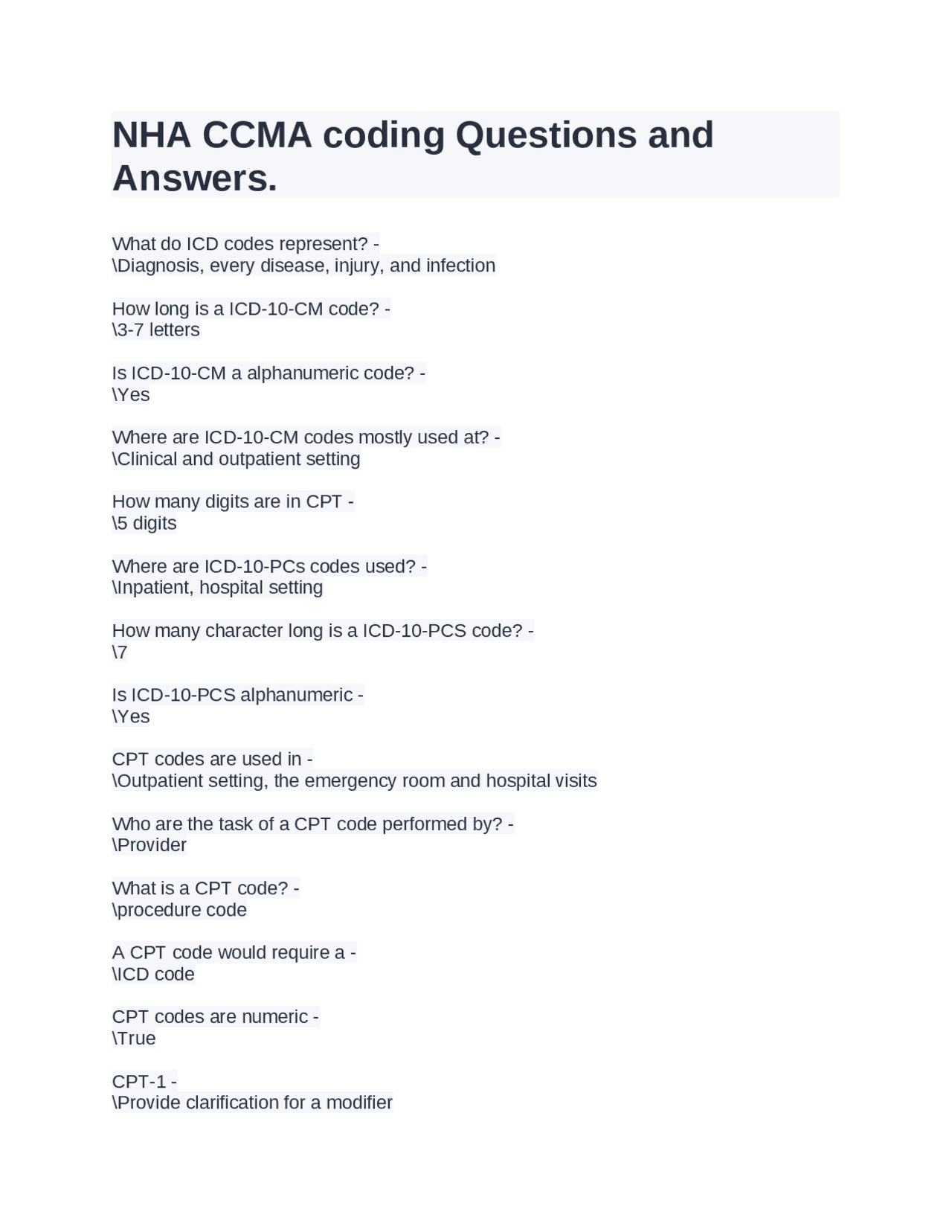 NHA CCMA coding Questions and Answers. | Exams Medicine | Docsity