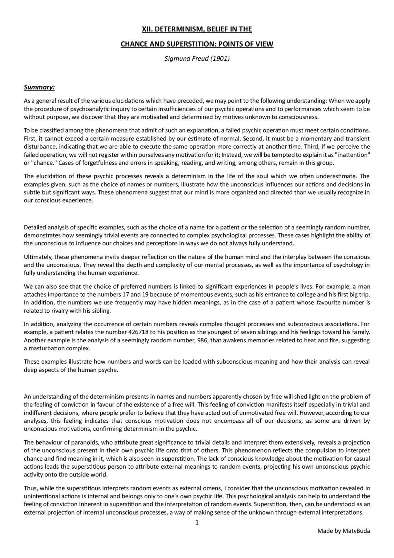 Summary 'XII. Determinism, Belief in Chance, and Superstition. Viewpoints' by Freud | Resúmenes ...