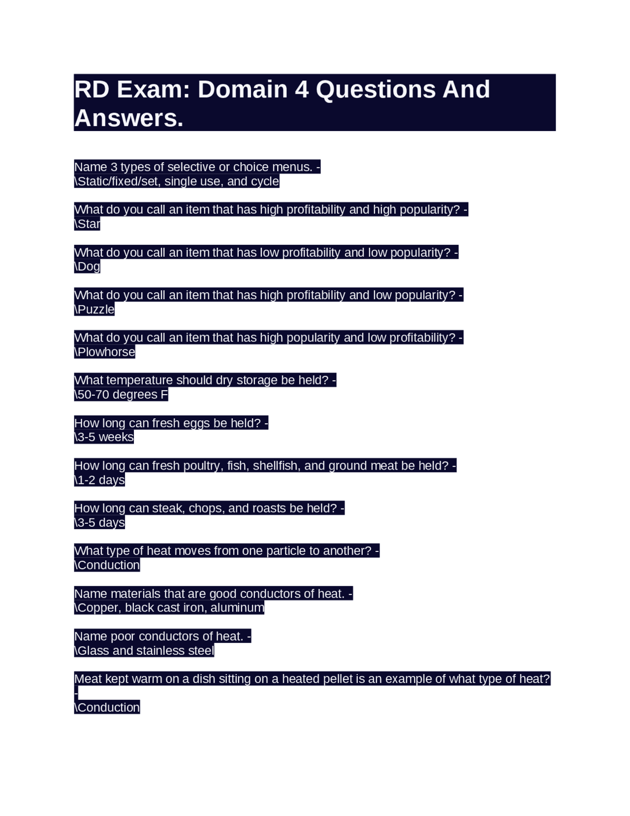 RD Exam: Domain 4 Questions and Answers - Food Safety and Sanitation ...