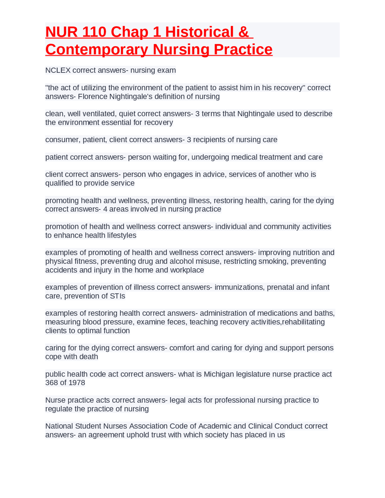 NUR 110 Chapter 1: Historical & Contemporary Nursing Practice - Key Concepts and Roles | Exams ...