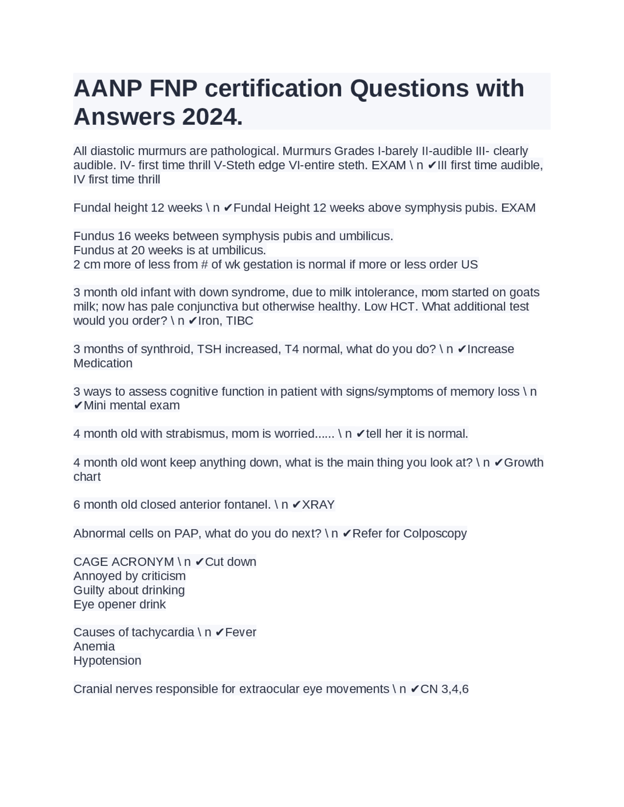 AANP FNP certification Questions with Answers 2024. | Exams Nursing ...