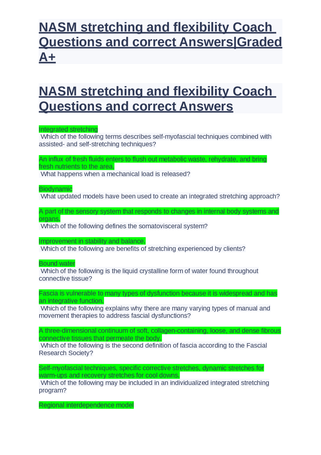 NASM stretching and flexibility Coach Questions and correct Answers ...