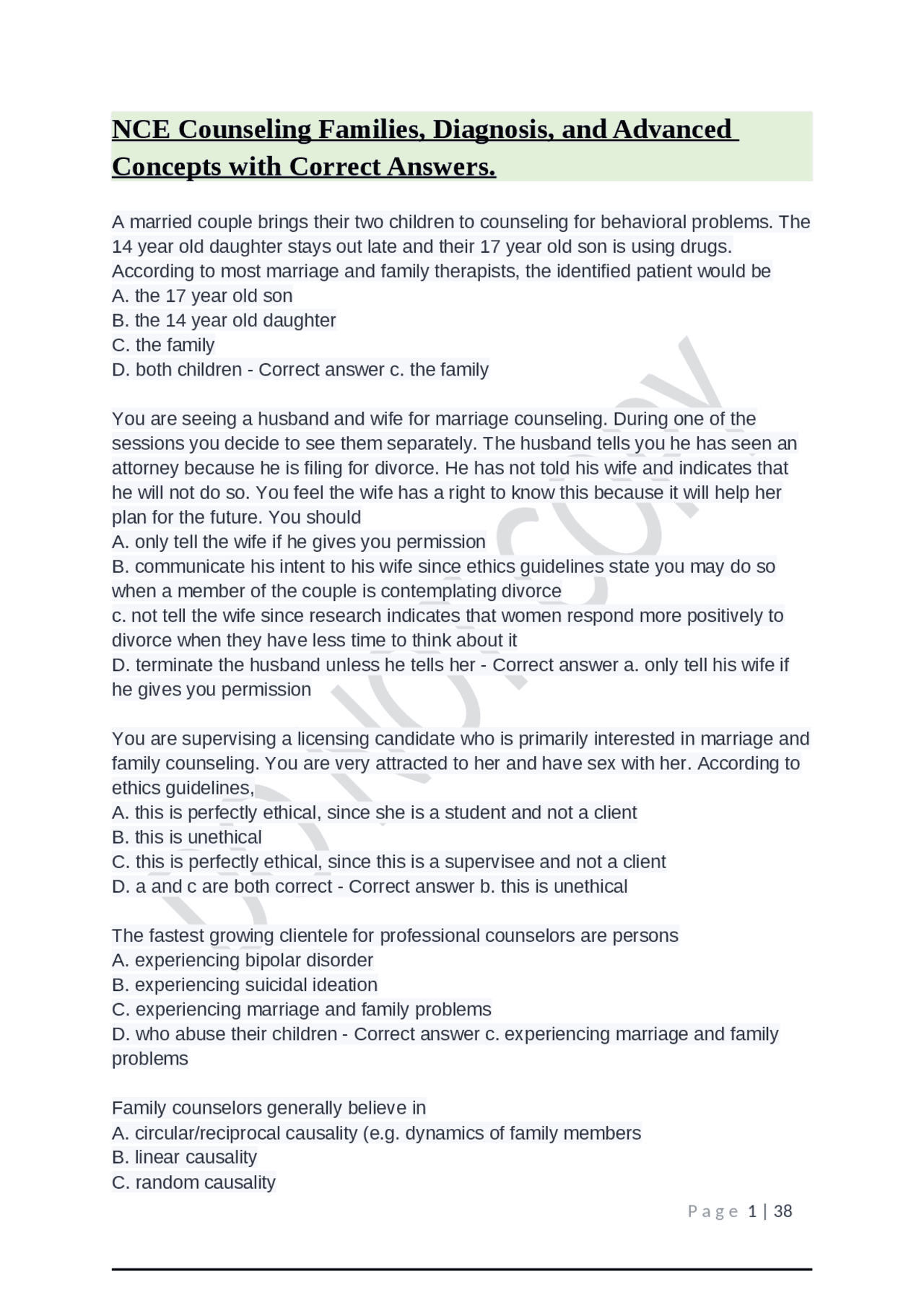 NCE Counseling Families, Diagnosis, and Advanced Concepts with Correct ...