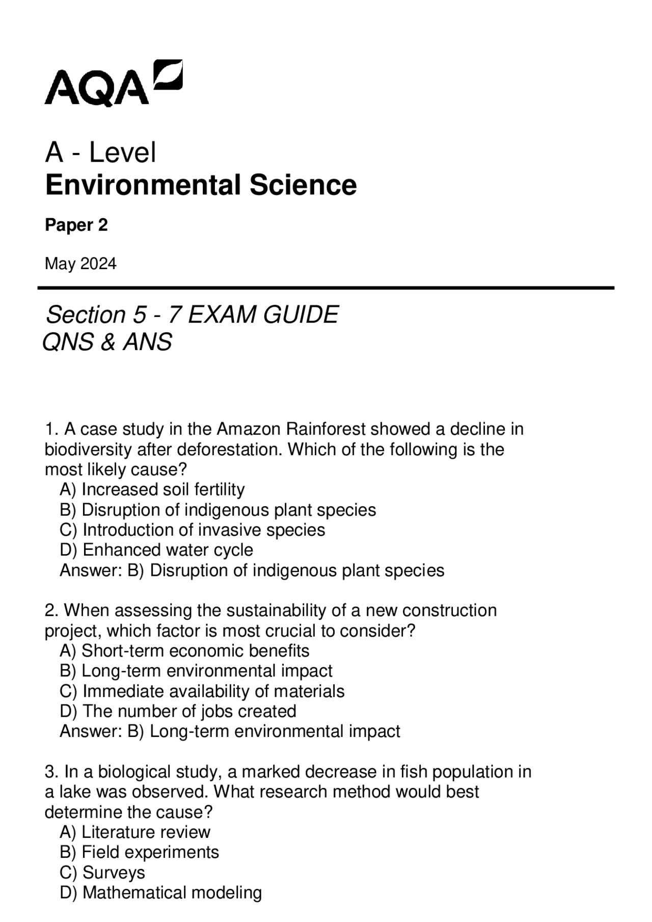 AQA A - LEVEL ENVIRONMENTAL SCIENCE PAPER 2 SECTION 5 - 7 EXAM GUIDE ...