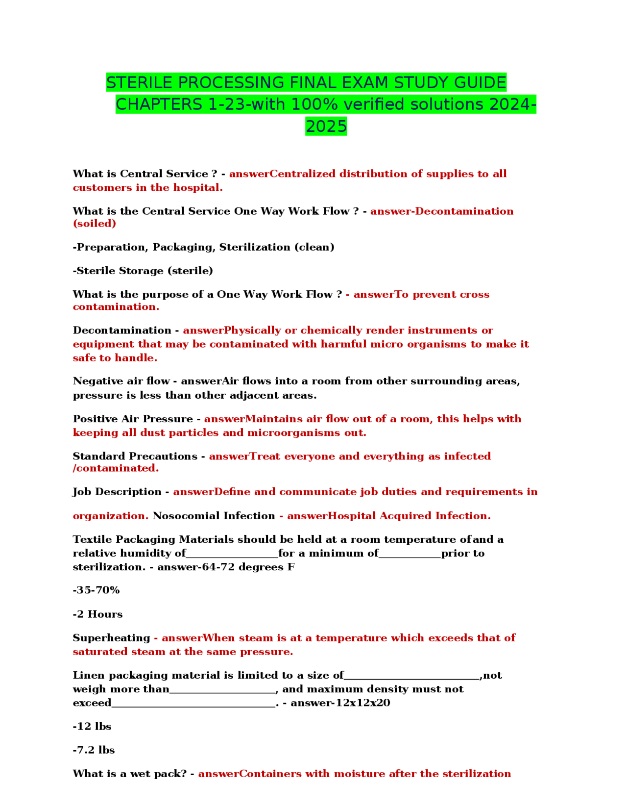 STERILE PROCESSING FINAL EXAM STUDY GUIDE CHAPTERS 1-23-with 100% ...