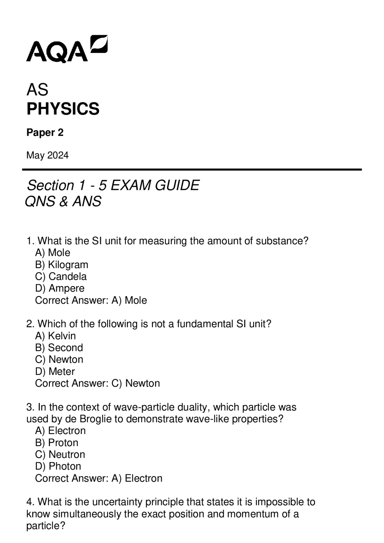 AQA AS PHYSICS PAPER 2 SECTION 1 - 5 EXAM GUIDE QNS & ANS MAY 2024 | Exams Physics | Docsity