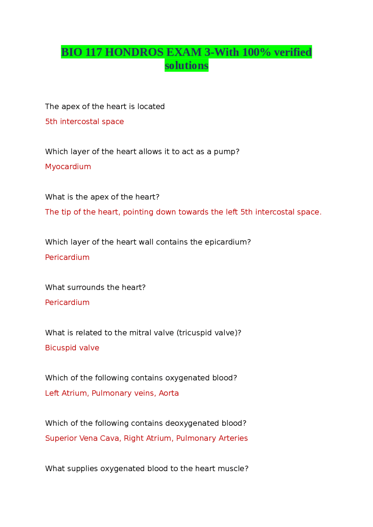 Heart Anatomy and Physiology: Exam 3 Solutions | Exams Advanced ...