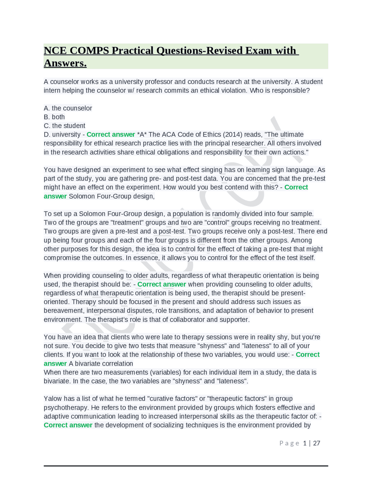 NCE COMPS Practical Questions-Revised Exam with Answers. | Exams Social ...