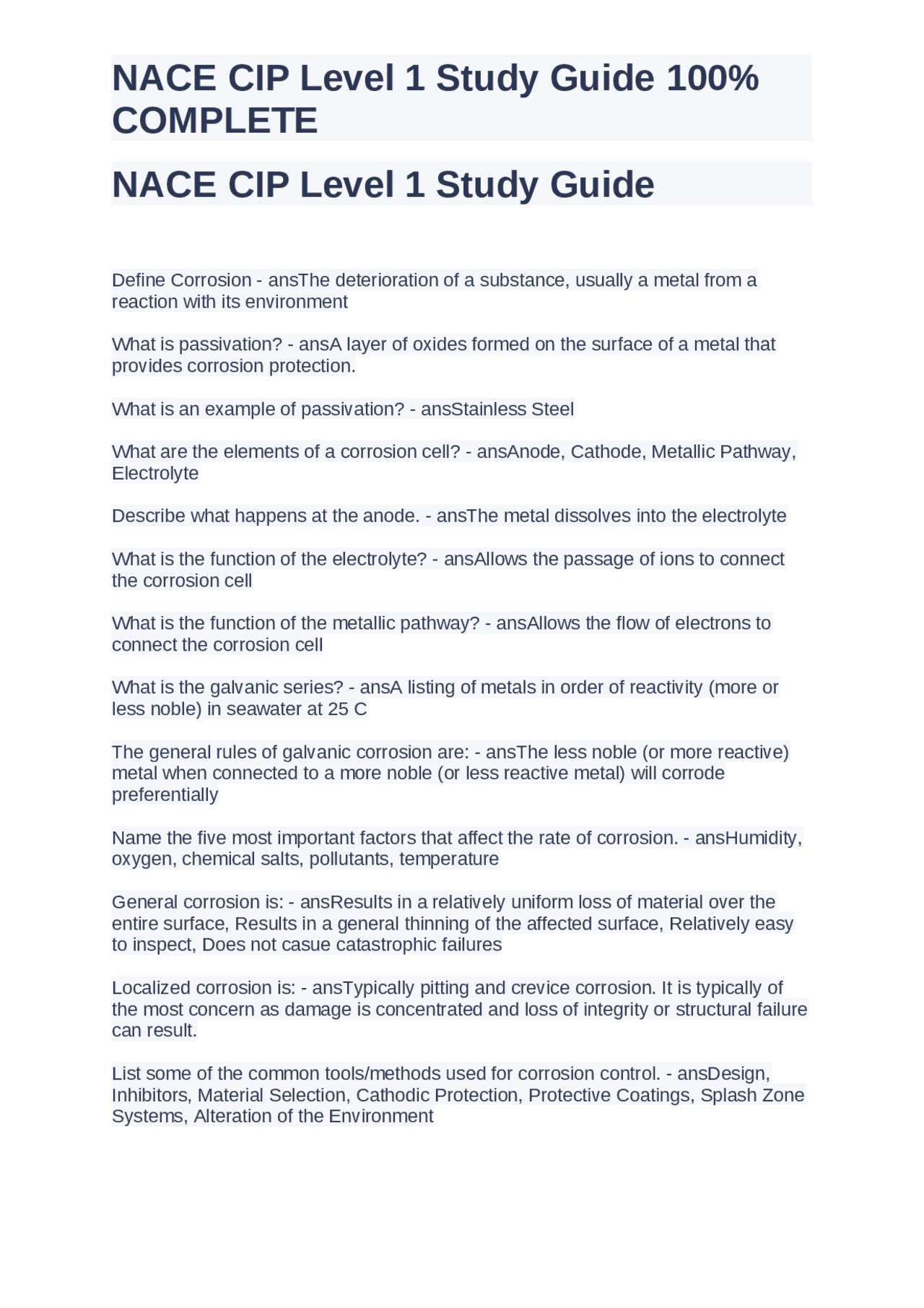 NACE CIP Level 1 Study Guide 100% COMPLETE.docx | Exams Nursing | Docsity