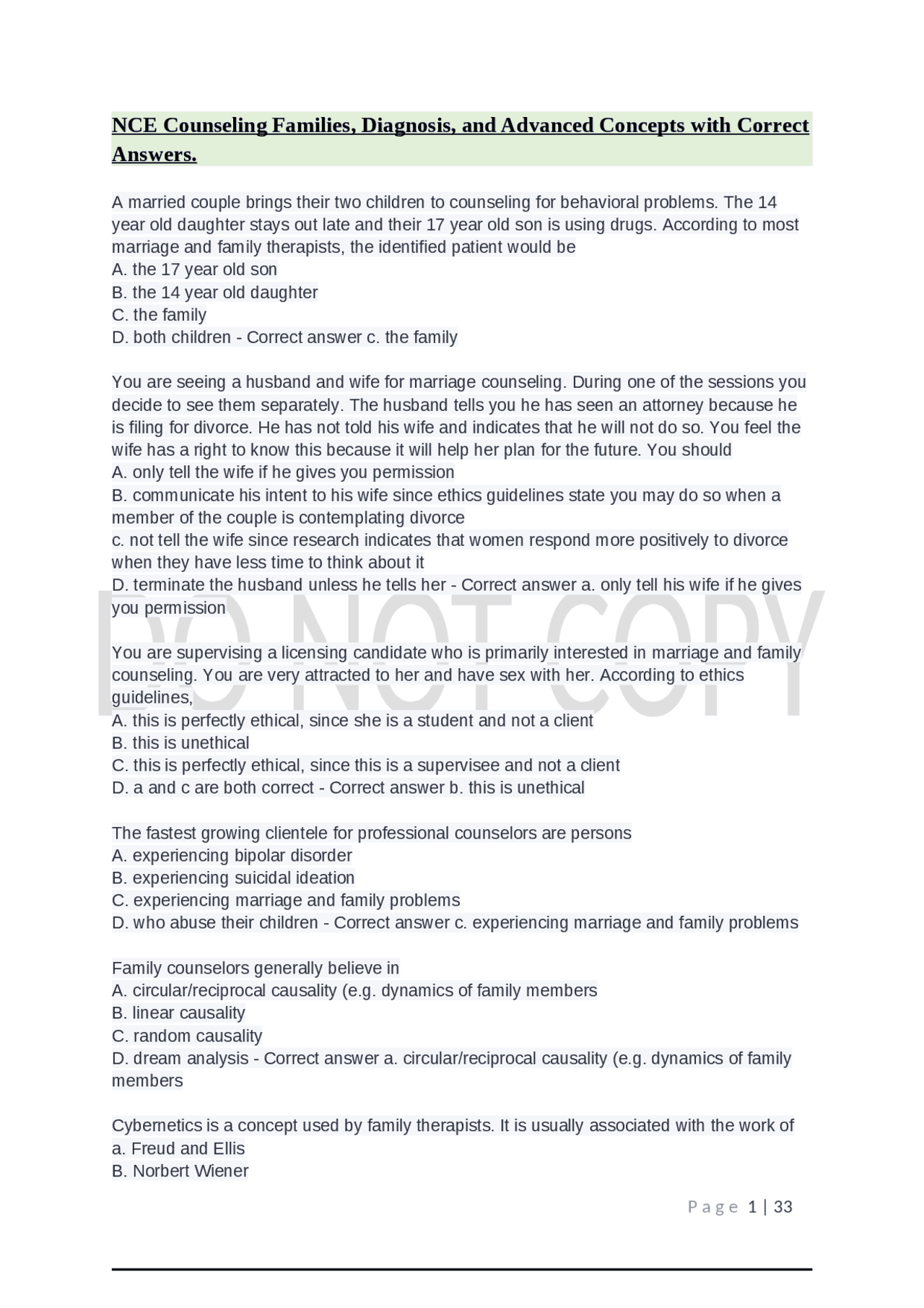 NCE Counseling Families, Diagnosis, and Advanced Concepts with Correct ...