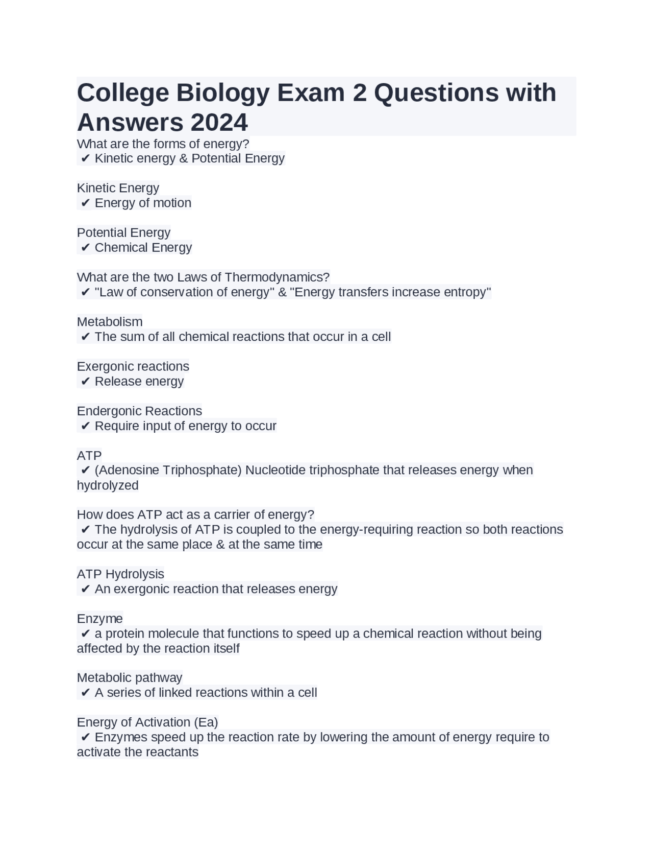 College Biology Exam 2 Questions with Answers 2024 | Exams Nursing ...