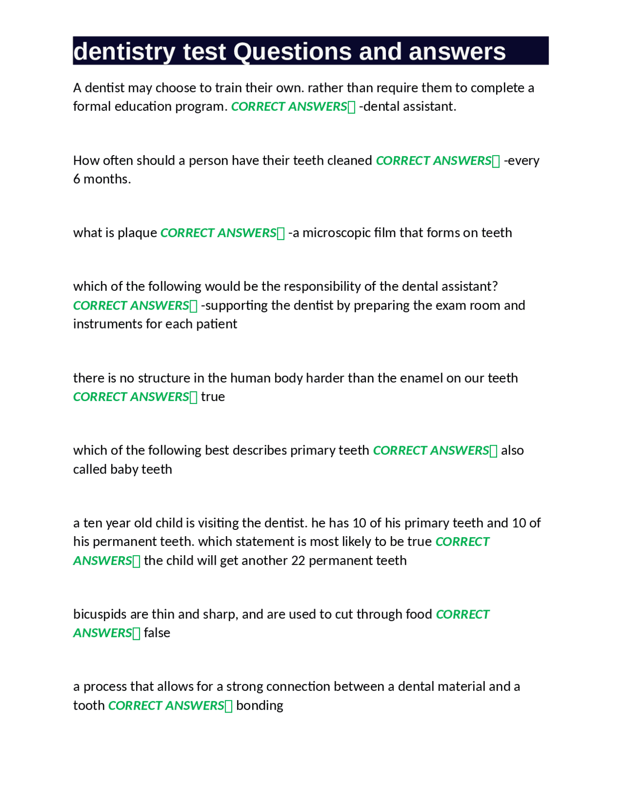 Dentistry Test Questions and Answers | Exams Dentistry | Docsity