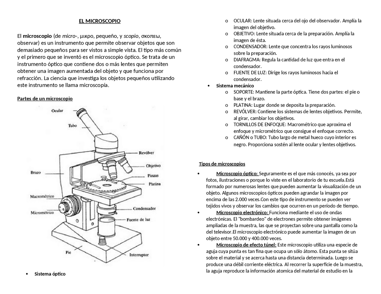 El Microscopio: definición, partes y uso | Apuntes de Biología | Docsity