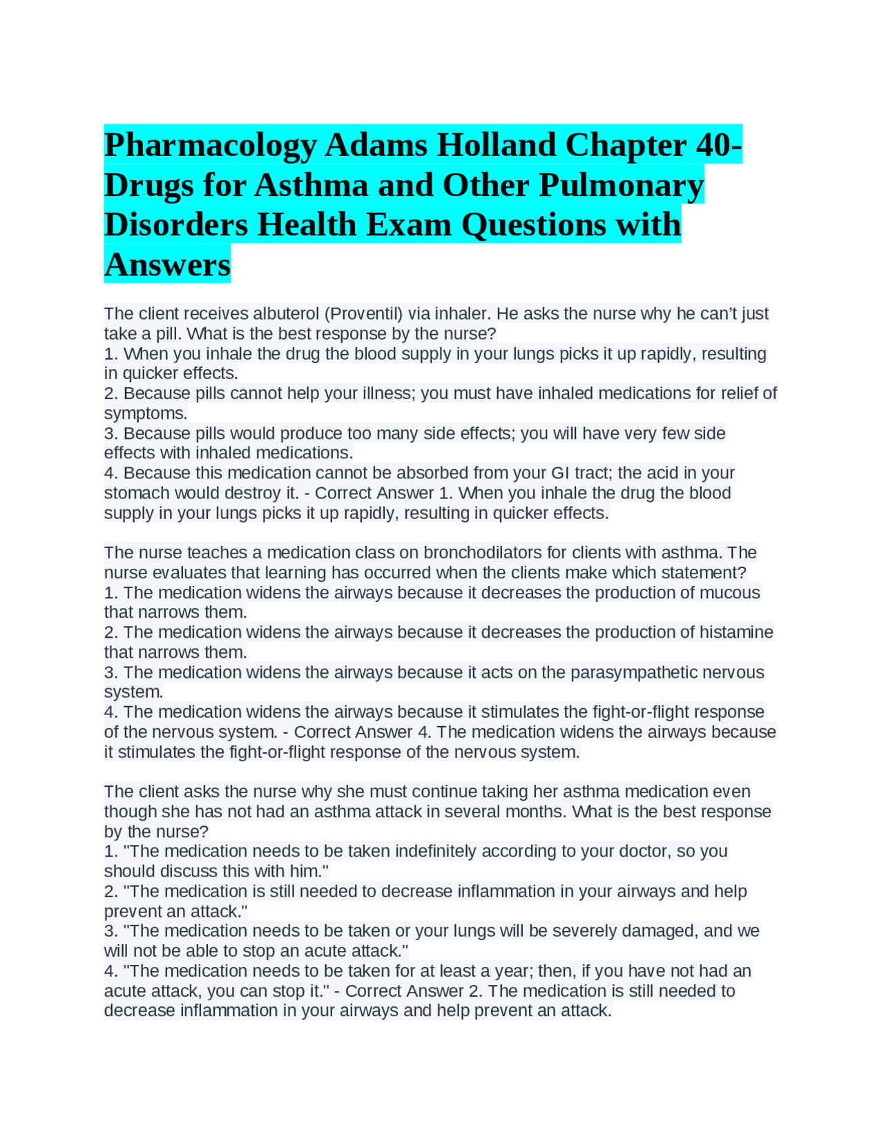 Pharmacology for Asthma and Pulmonary Disorders: Health Exam Questions ...