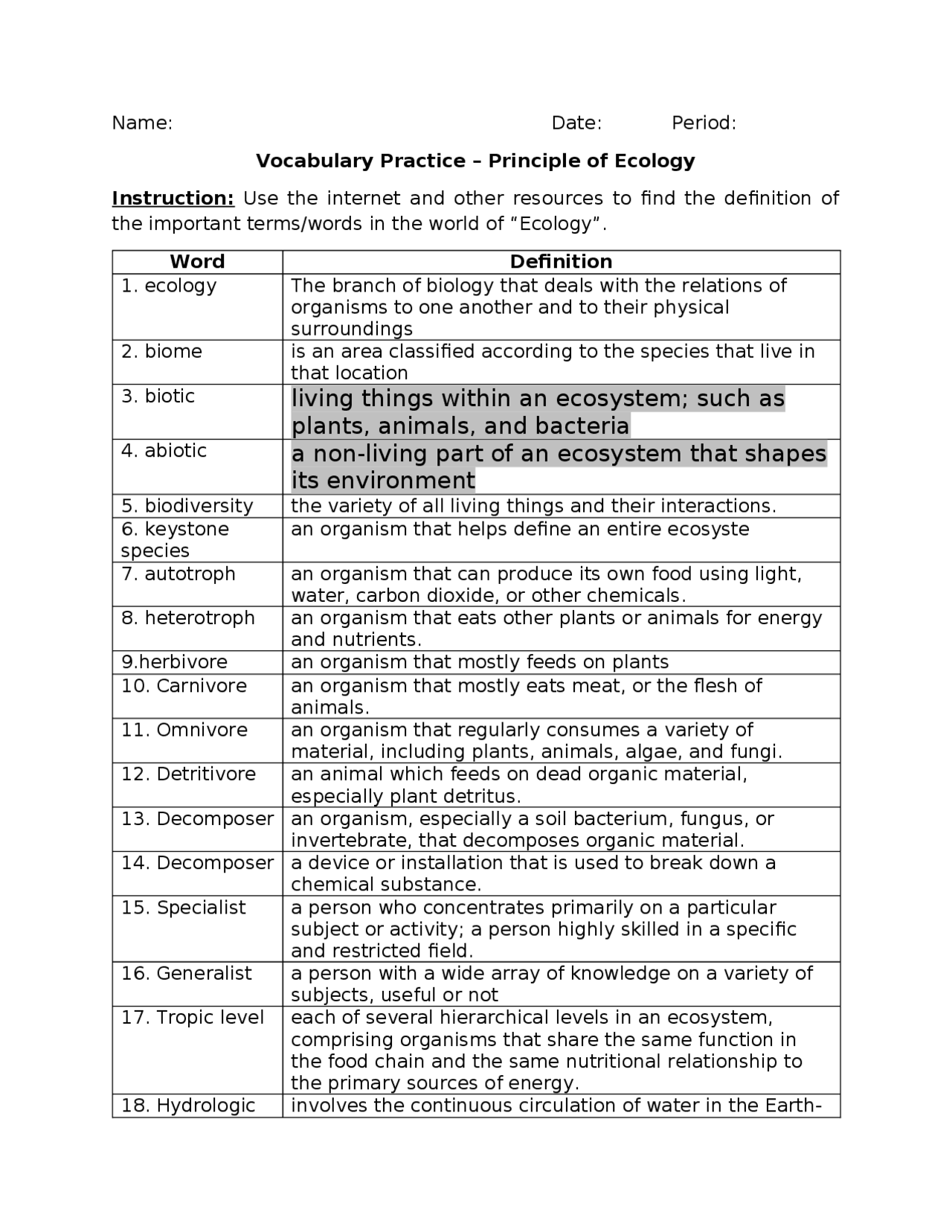 ecology vocabulary to pass your assignments | Essays (high school ...