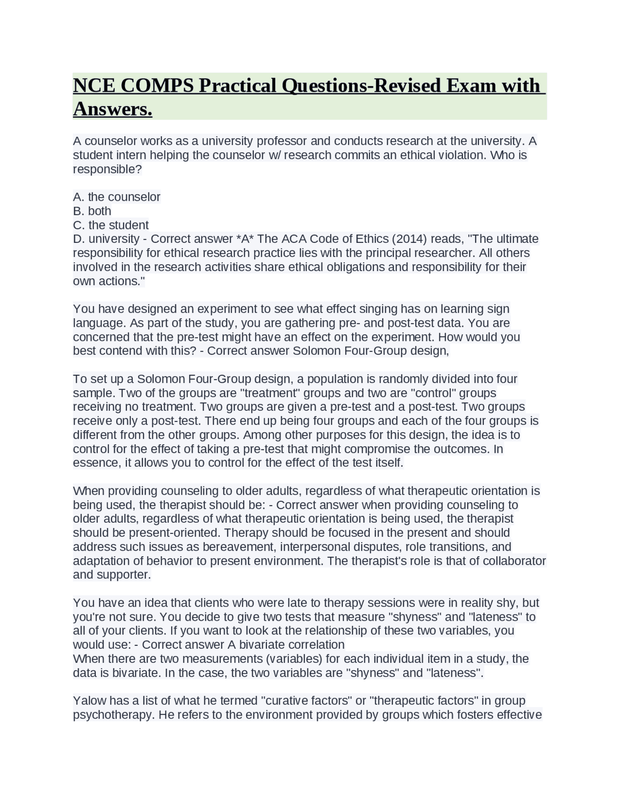 NCE COMPS Practical Questions-Revised Exam with Answers. | Exams ...