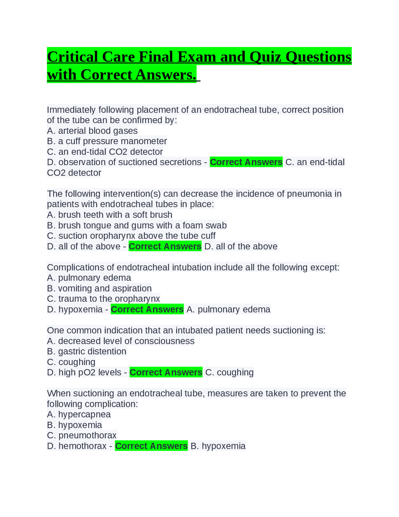 Critical Care Final Exam and Quiz Questions with Correct Answers ...