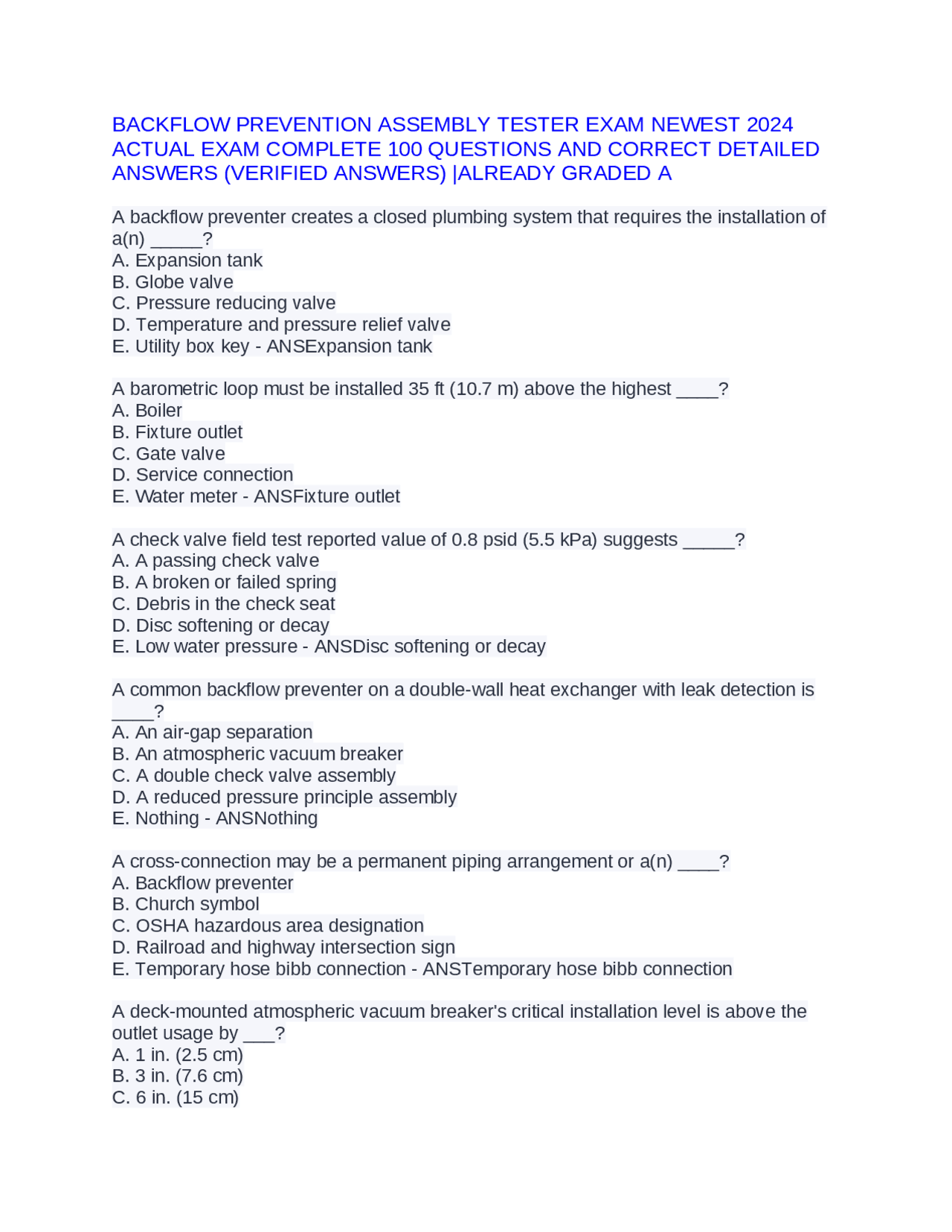 BACKFLOW PREVENTION ASSEMBLY TESTER EXAM ACTUAL EXAM COMPLETE 100 ...