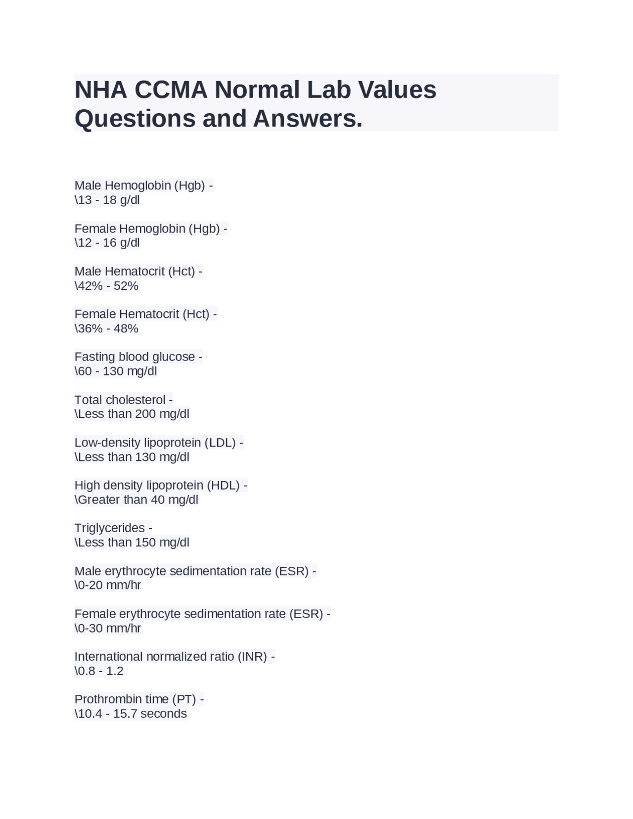 NHA CCMA Normal Lab Values Questions and Answers. | Exams Medicine ...