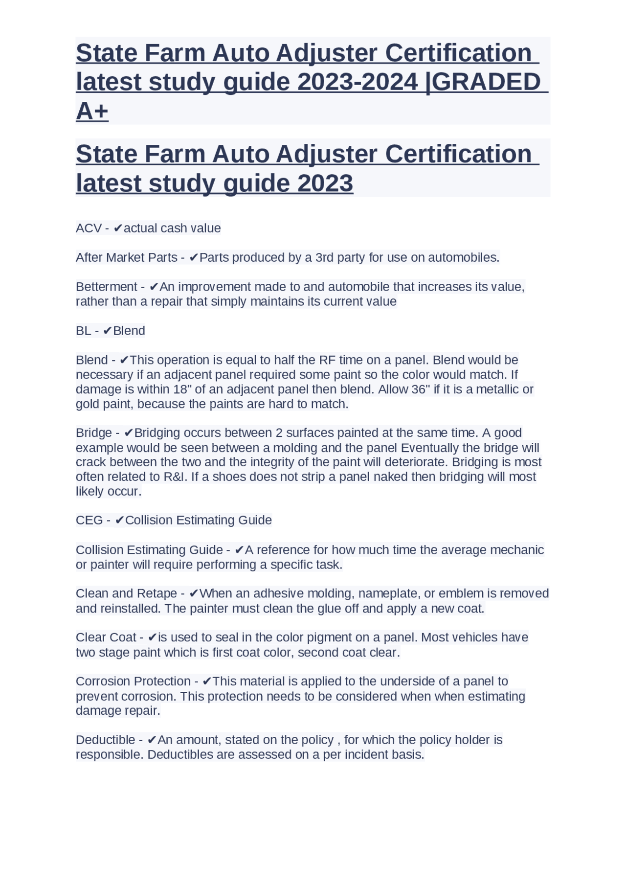 State Farm Auto Adjuster Certification latest study guide 2023-2024 ...