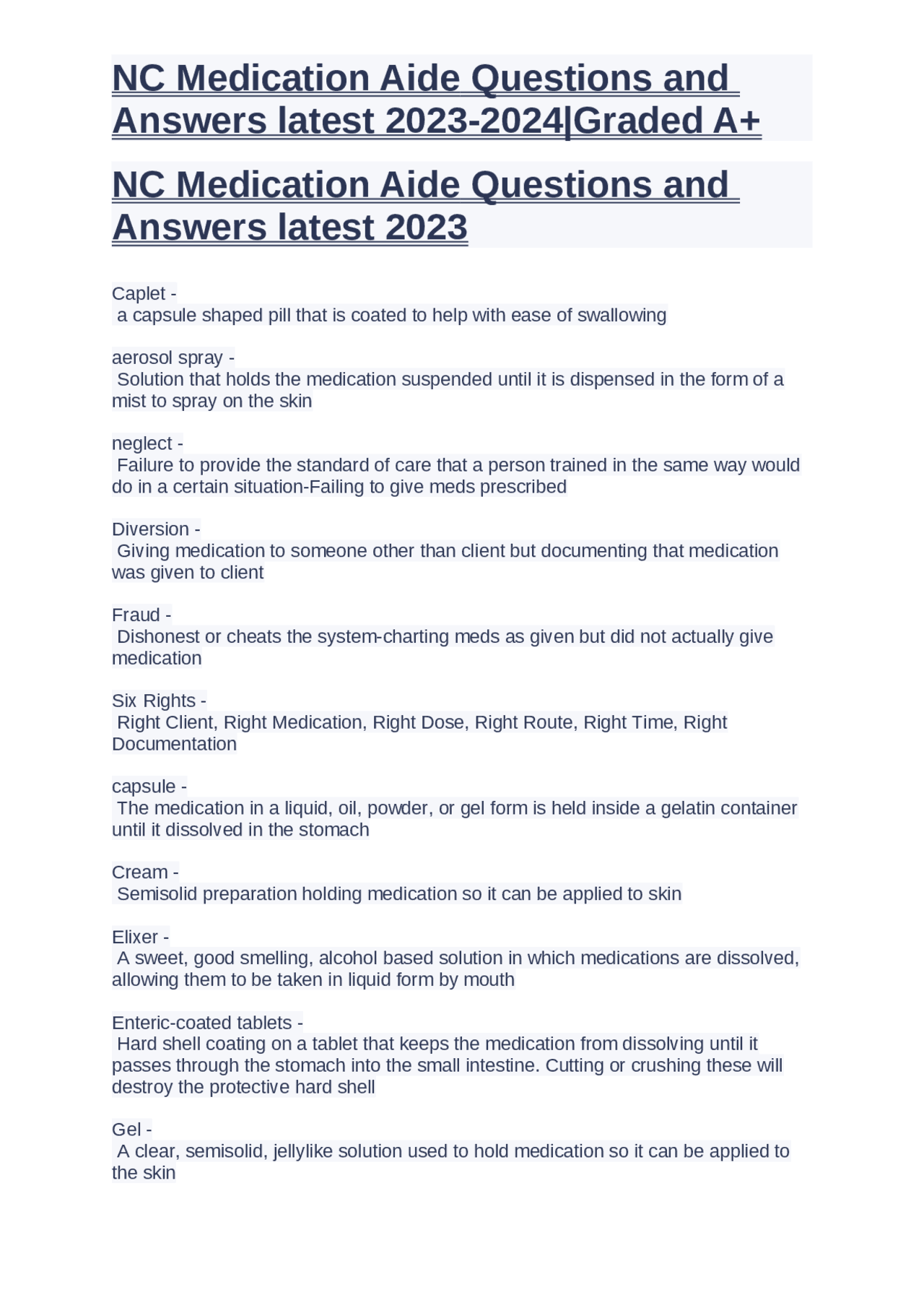 NC Medication Aide: Questions and Answers for 2023-2024 | Exams Nursing ...