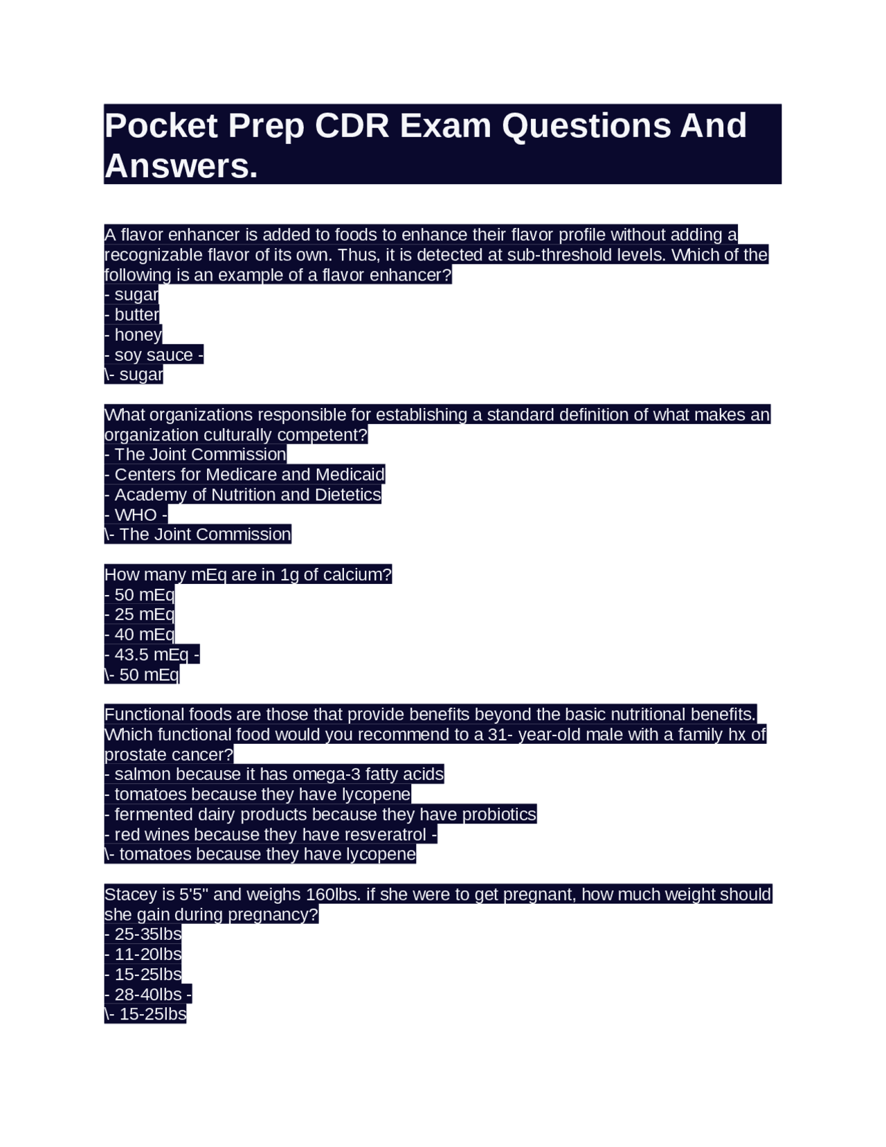 Pocket Prep CDR Exam Questions And Answers. | Exams Medicine | Docsity
