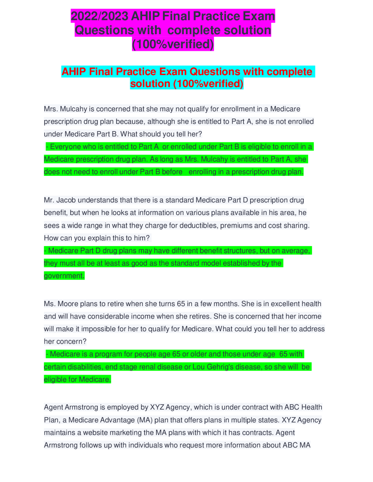 AHIP Final Practice Exam Questions with complete solution (100%verified ...