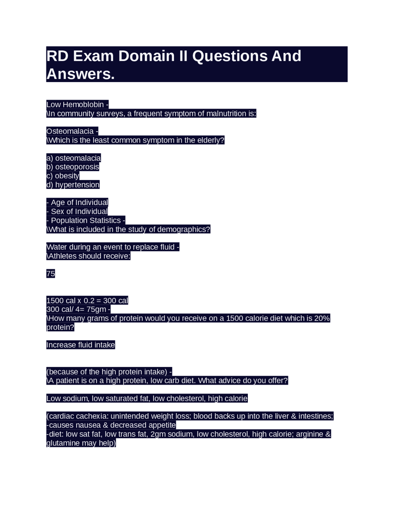 RD Exam Domain II Questions And Answers. | Exams Medicine | Docsity