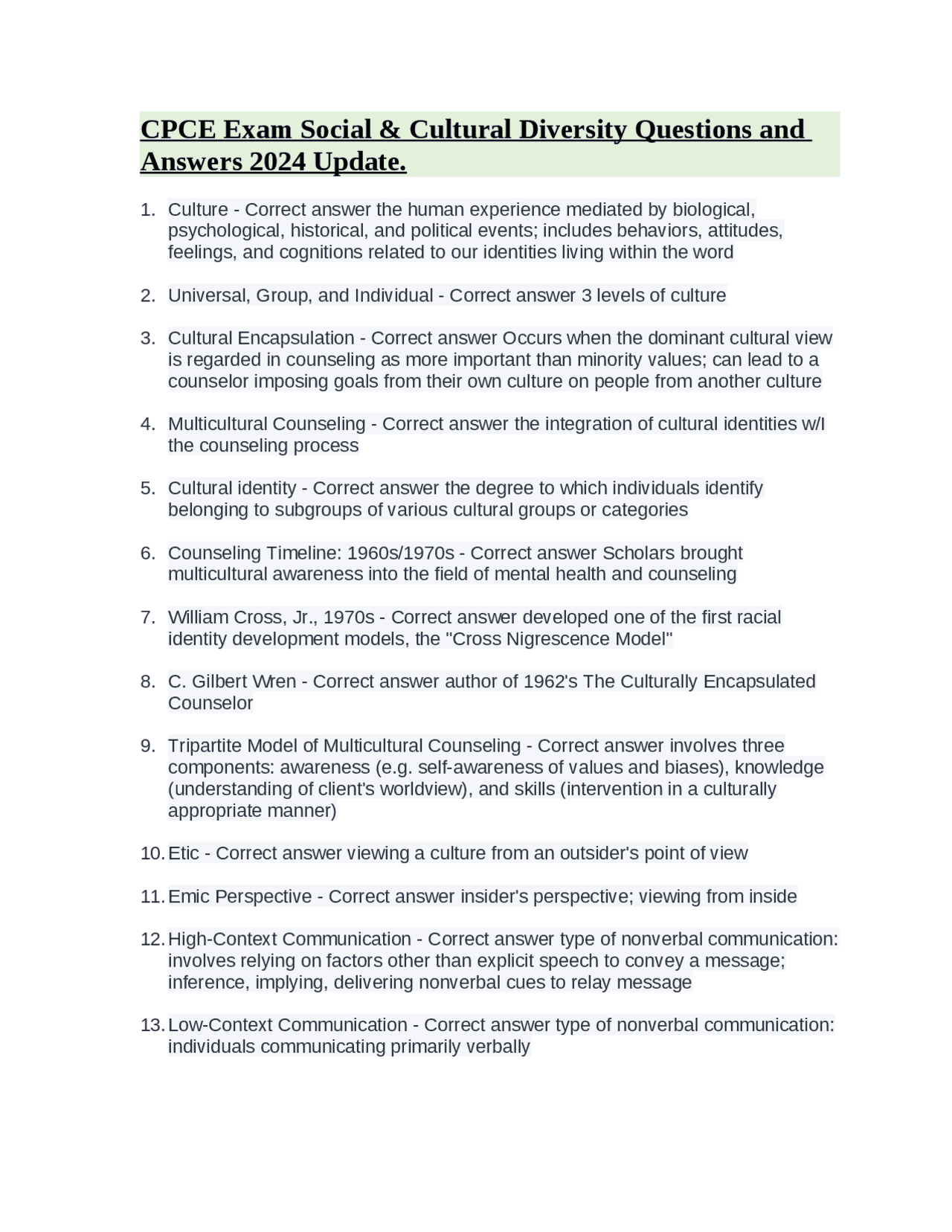 CPCE Exam Social & Cultural Diversity Questions and Answers 2024 Update ...