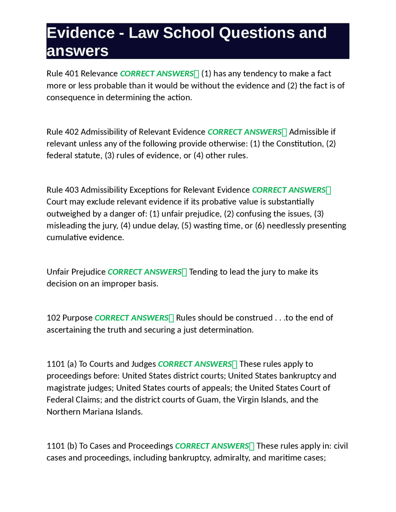 Evidence - Law School Questions and answers | Exams Law of Evidence ...