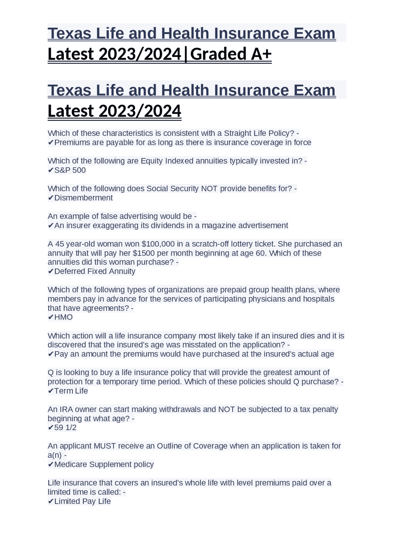 Texas Life and Health Insurance Exam.docx | Exams Nursing | Docsity