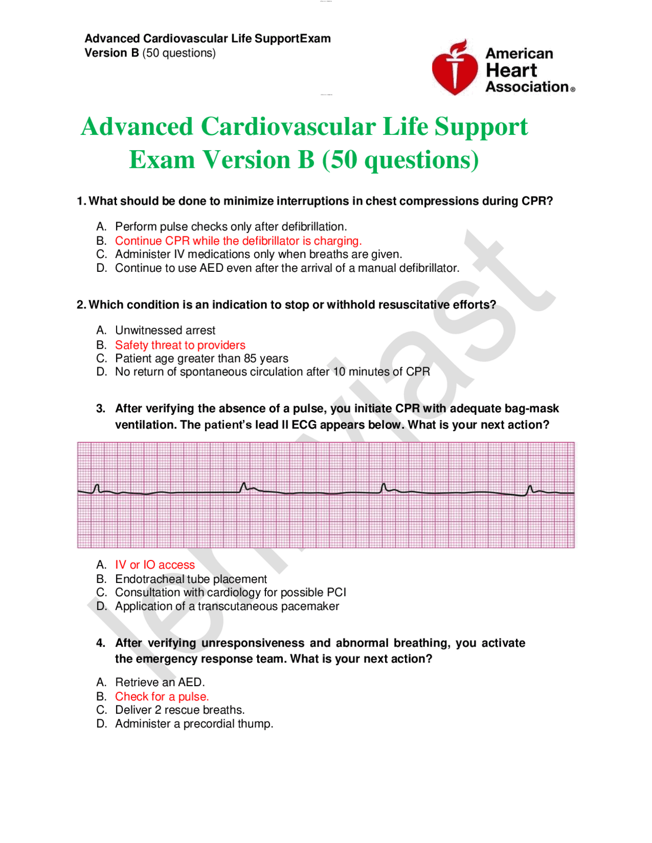 Advanced Cardiovascular Life Support Exam Version B (50 questions ...