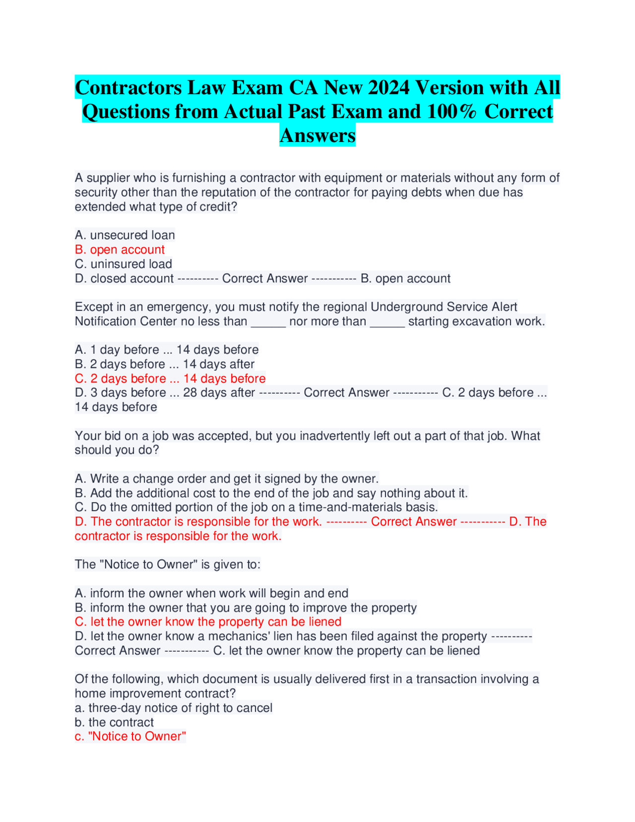 Contractors Law Exam Ca New 2024 Version With All Questions From Actual Past Exam Exams