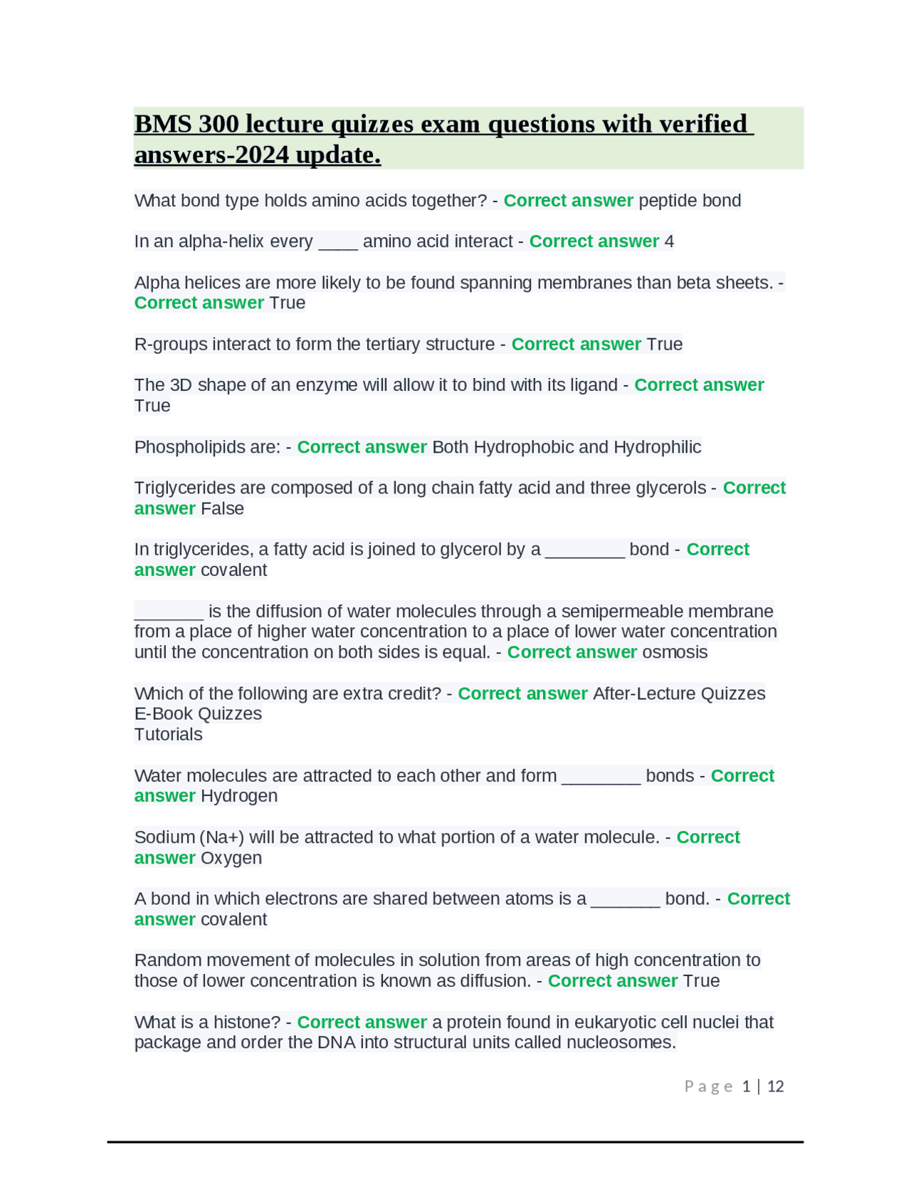 BMS 300 lecture quizzes exam questions with verified answers-2024 update. | Exams Biomedicine ...