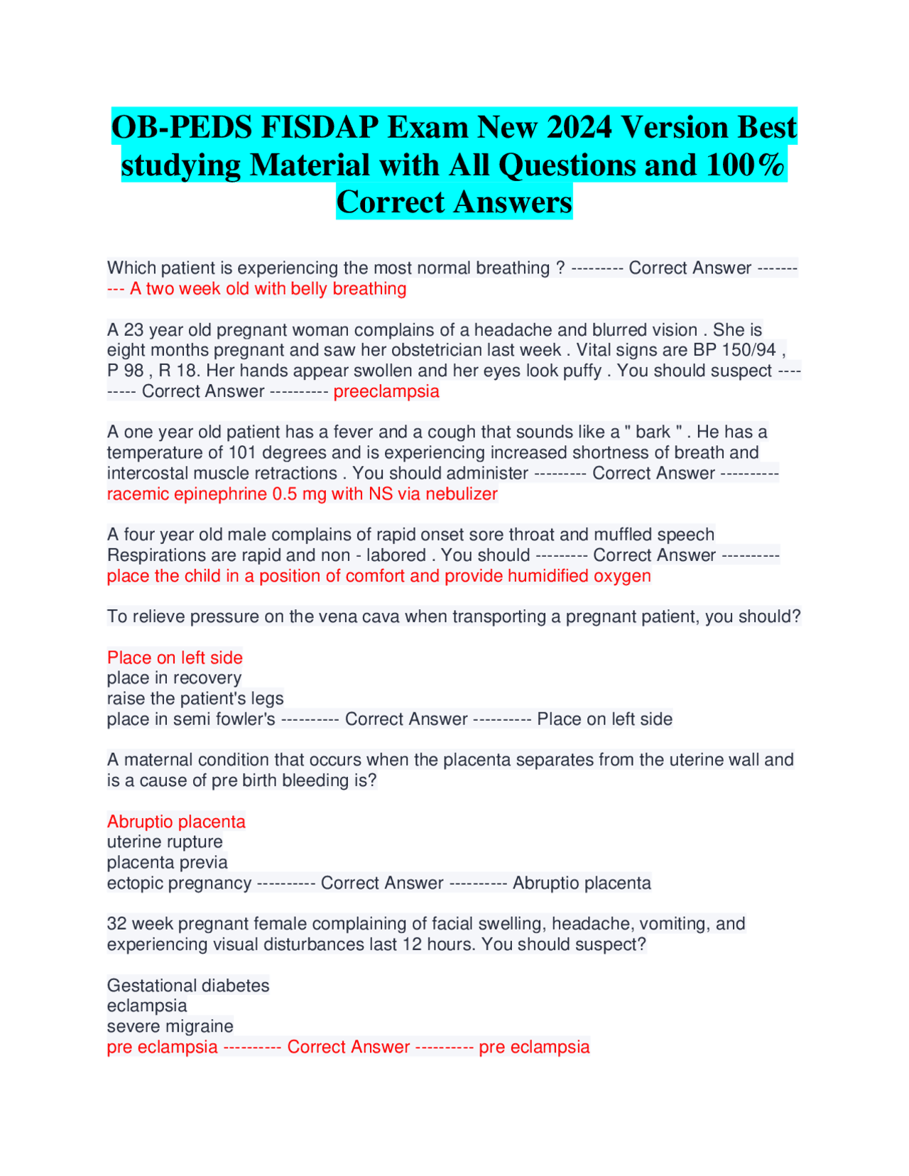 OB-PEDS FISDAP Exam New 2024 Version Best studying Material with All Questions | Exams Nursing ...