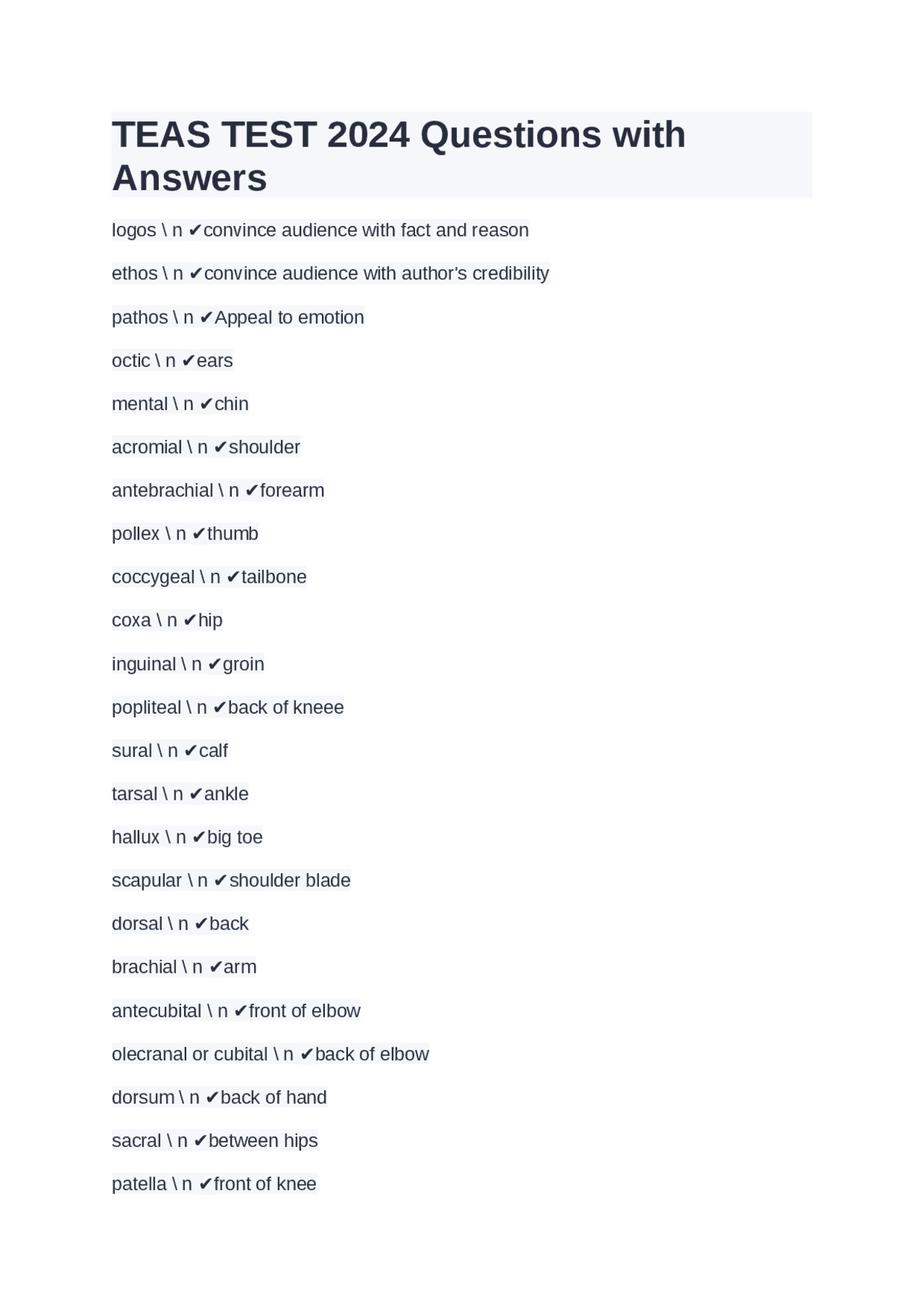 TEAS TEST 2024 Questions with Answers | Exams Nursing | Docsity