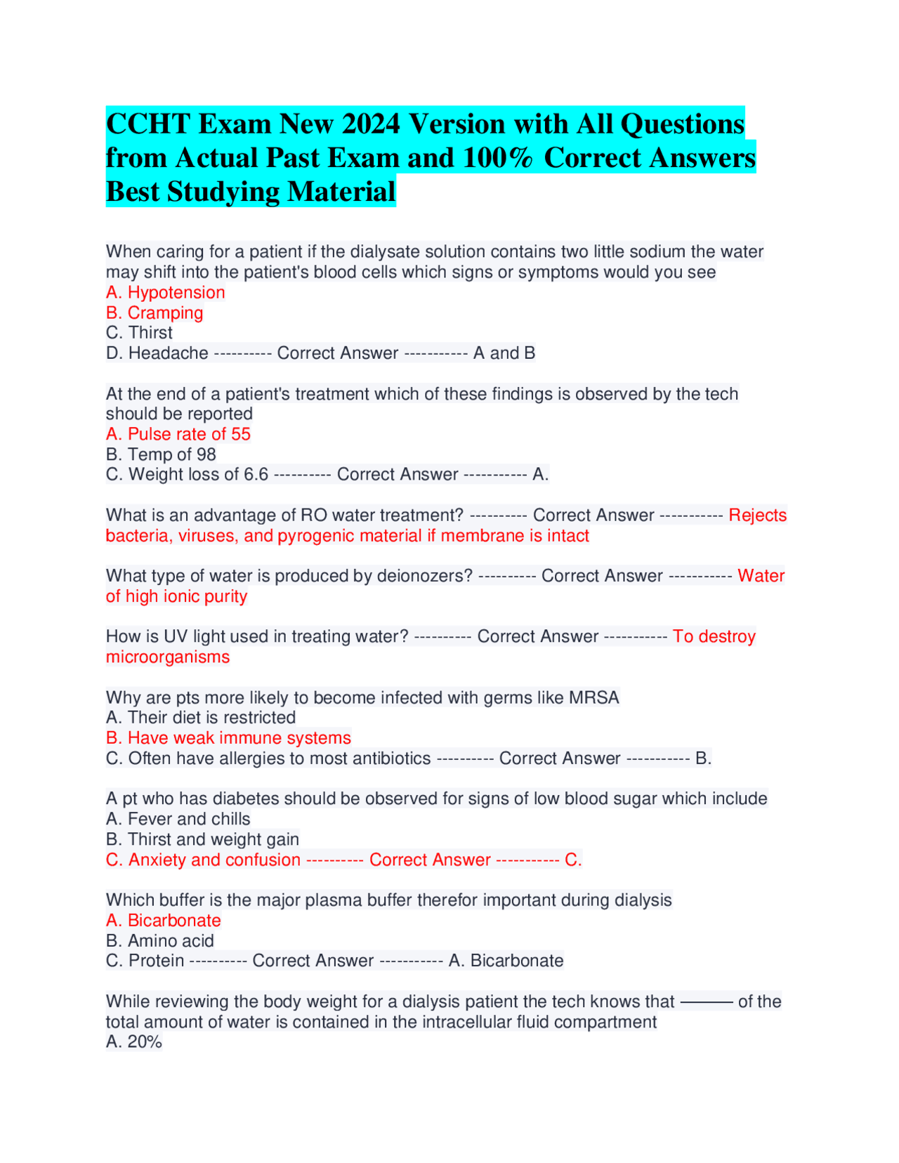 CCHT Exam New 2024 Version with All Questions from Actual Past Exam ...