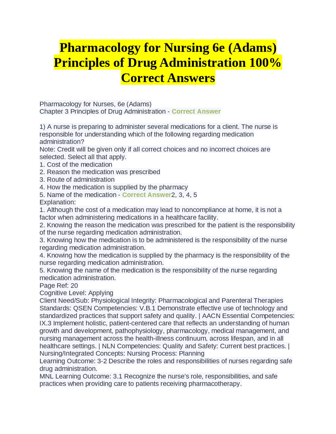 Pharmacology for Nursing 6e (Adams) Principles of Drug Administration ...