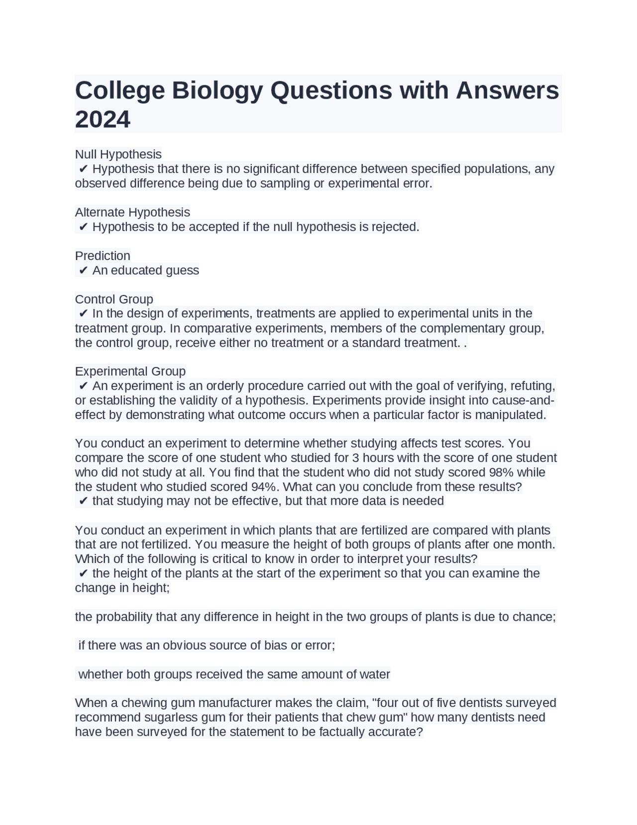 College Biology Questions with Answers 2024 | Exams Nursing | Docsity